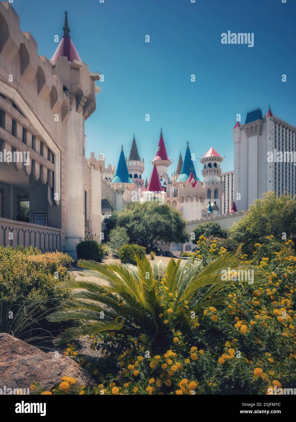 A whimsical castle-themed hotel and resort, the Excalibur, showcasing ...