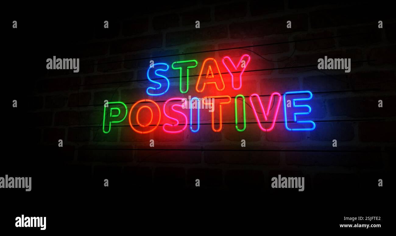 Stay positive motivation slogan neon symbol. Humor and happy mood light ...