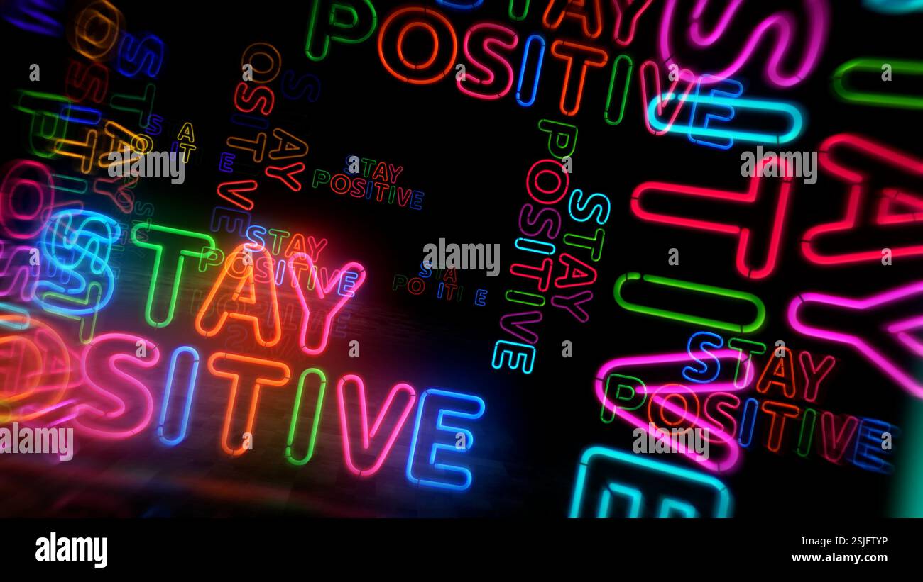 Stay positive motivation slogan neon symbol. Humor and happy mood light ...