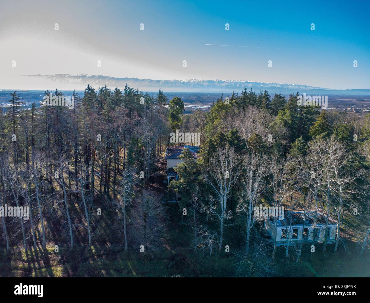 Aerial view of Stalin's dacha (destroyed) on a hill hidden in the ...
