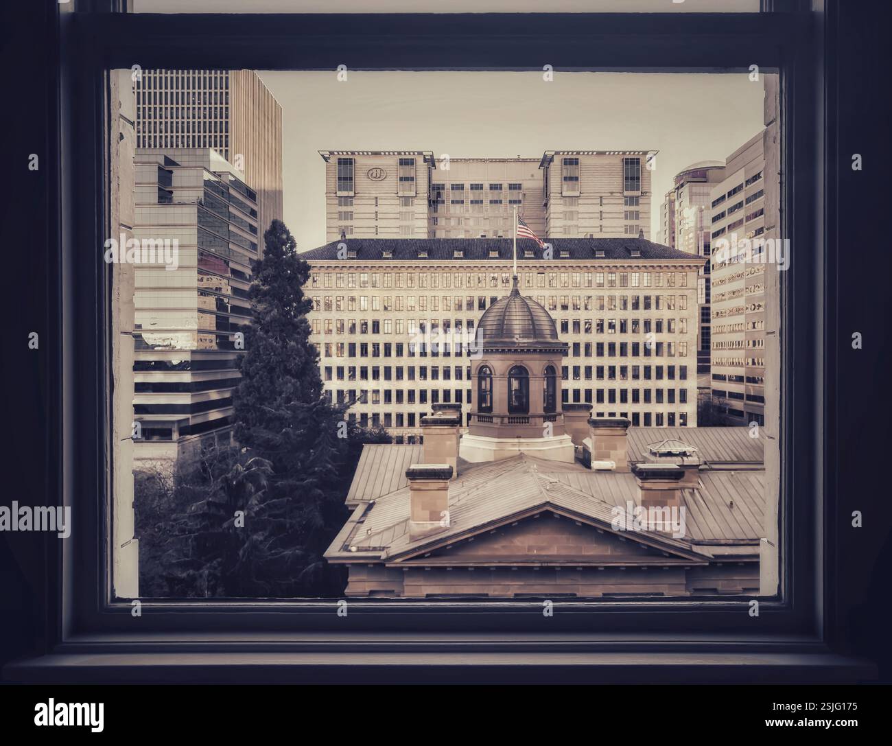 View of Portland cityscape through a window with the focal point at a ...