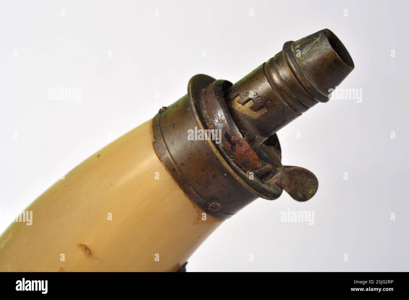 Antique horn and brass gunpowder flask for rifles and arquebuses Stock ...