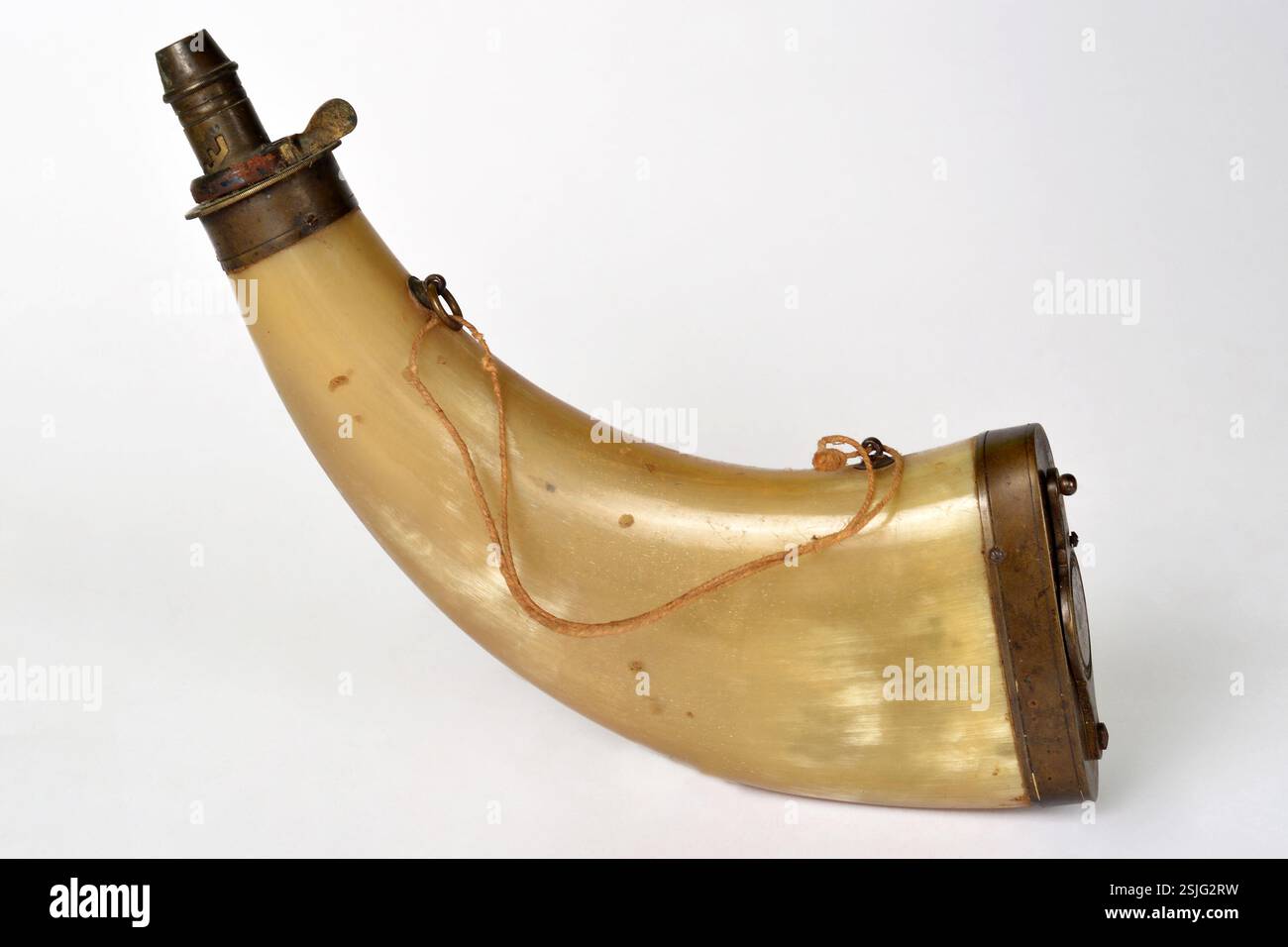 Antique horn and brass gunpowder flask for rifles and arquebuses Stock ...