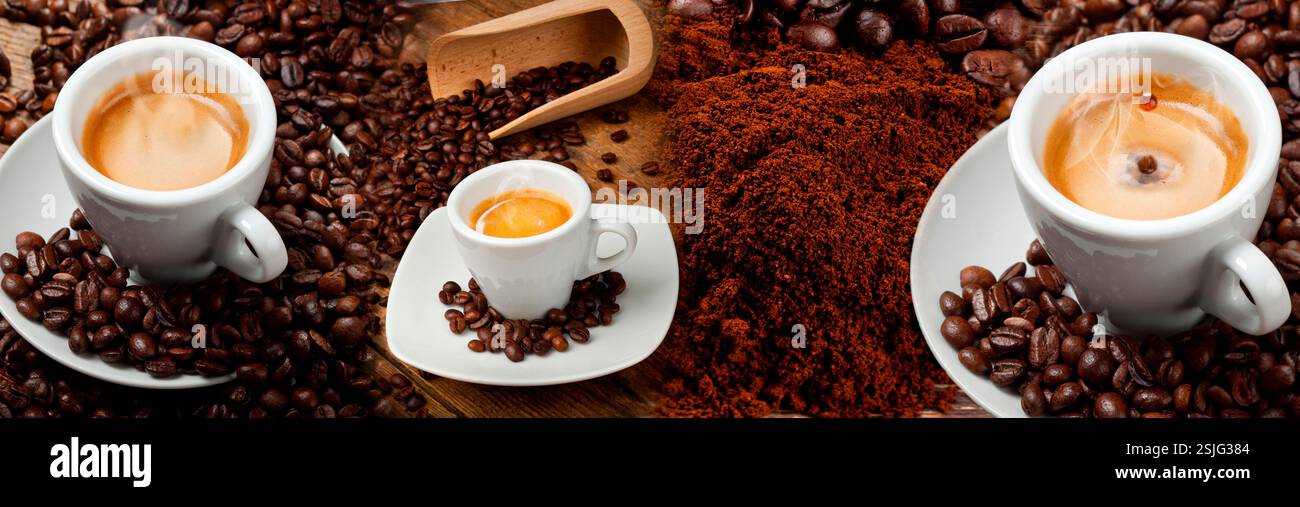 Coffee Banner Collage with espresso, croissant and coffee beans Stock ...