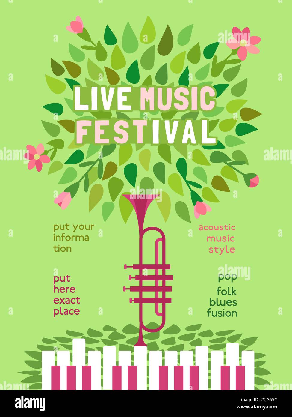 Live Music Festival design vector poster template. Piano keyboard ...