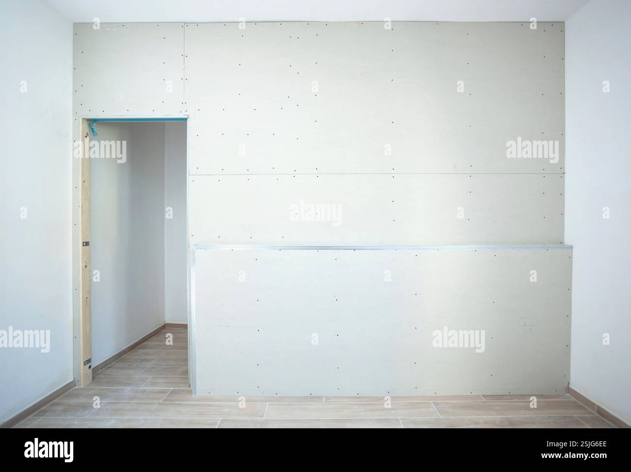 Wall made of plasterboard and prepared for painting for a wardrobe in a ...