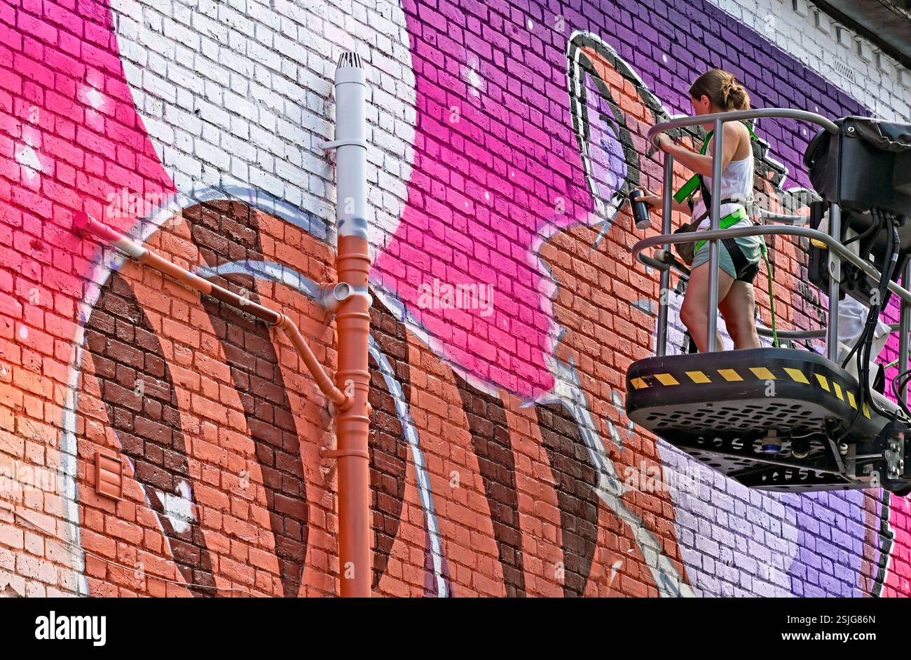 Woman at work painting mural on wall at Royal Mews car park off ...
