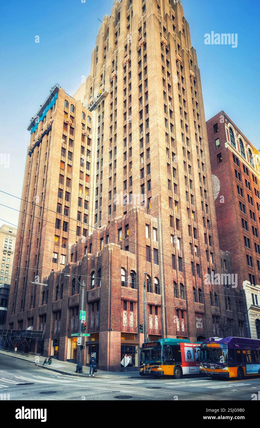 A tall brick building in Seattle with numerous windows dominates the ...