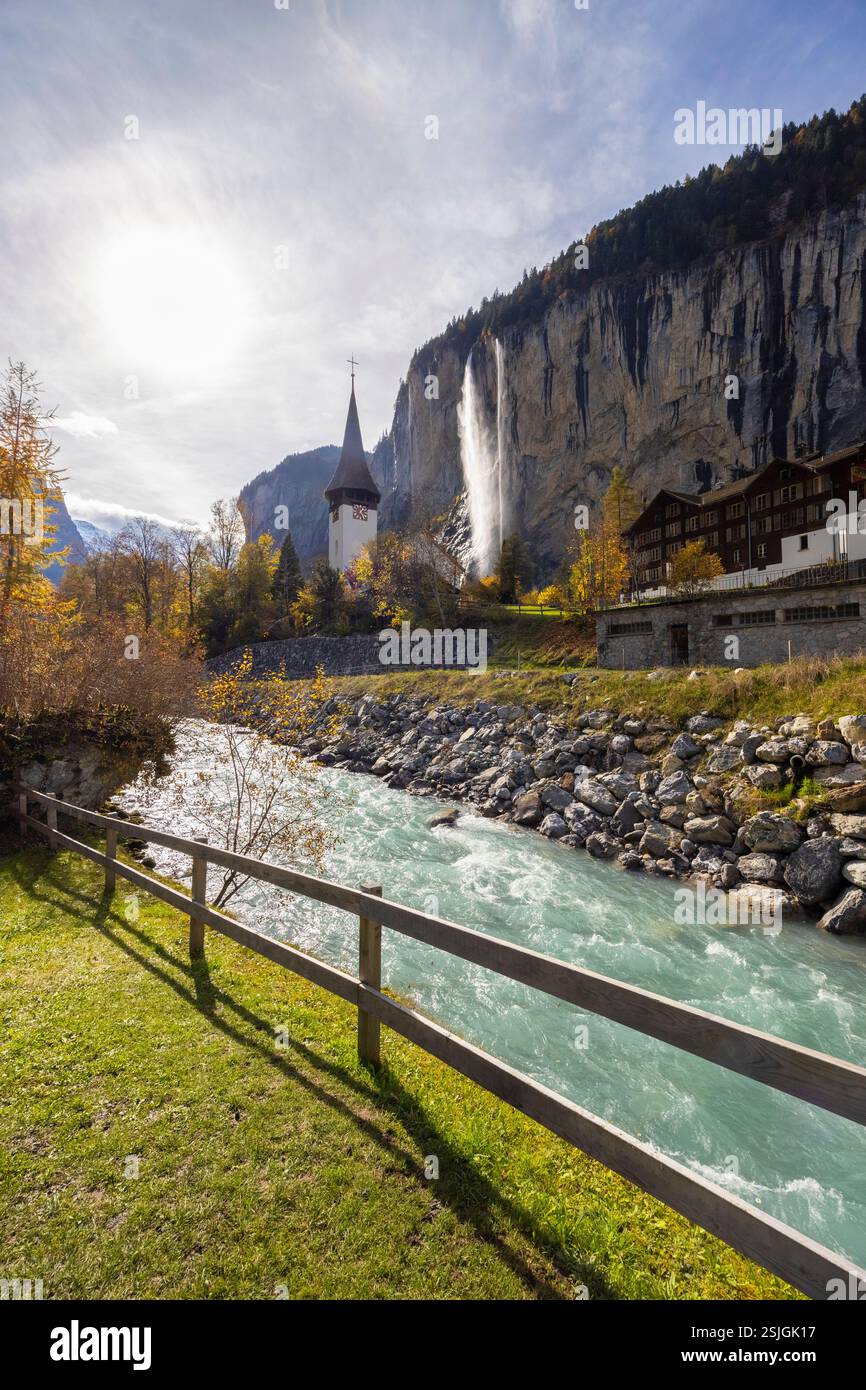 View of the village and waterfall of Lauterbrunnen. Lauterbrunnen ...