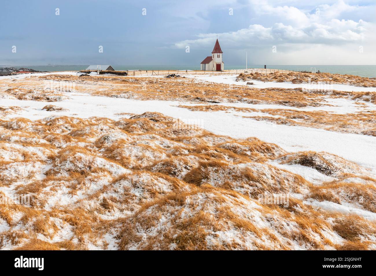 View of Hellnar church in the morning in winter. Hellnar, Snaefellsnes ...