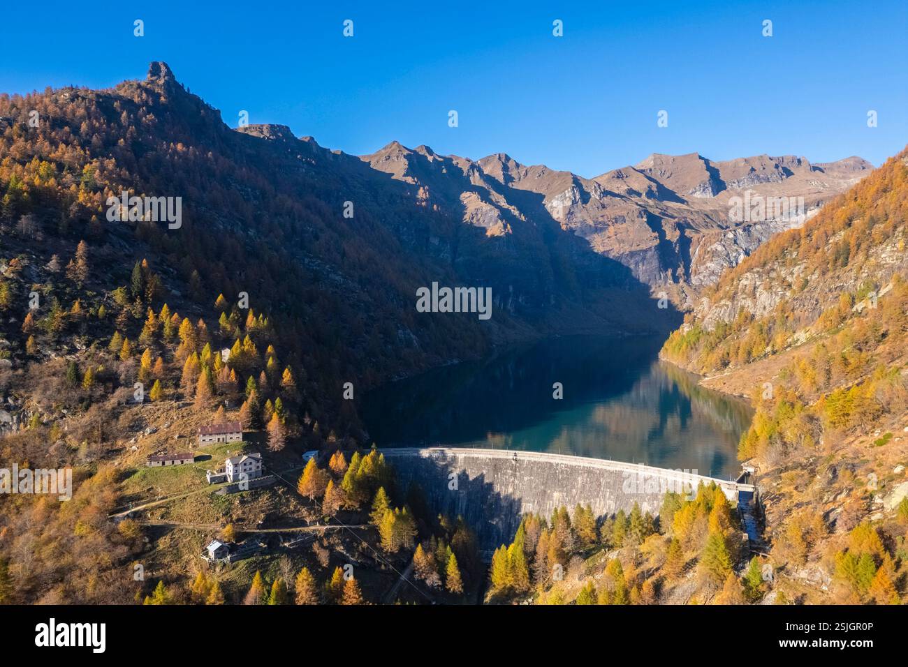 Aerial view of the Agaro Lake and it's dam, an artificial lake covering ...