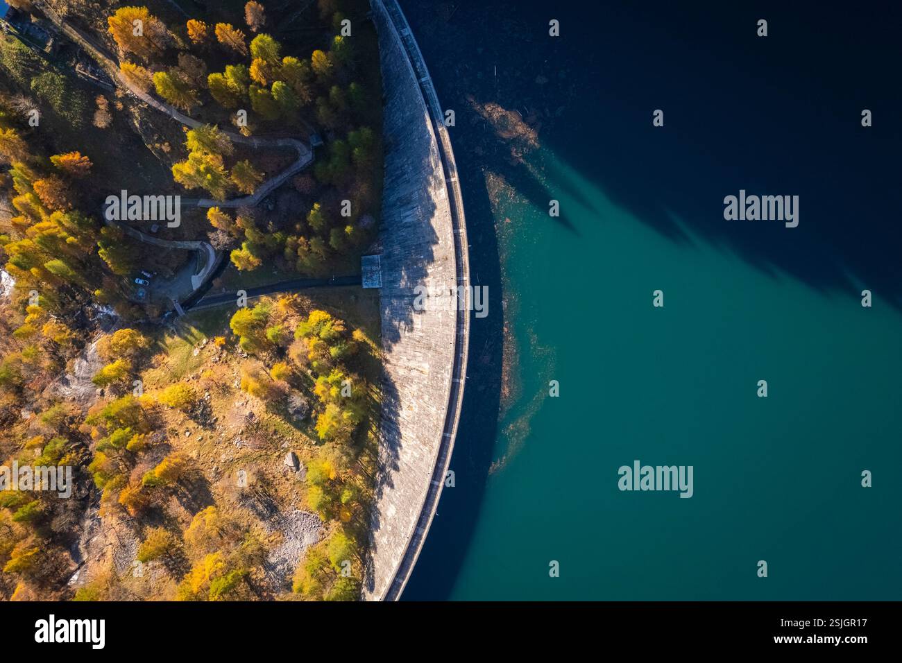 Aerial view of the Agaro Lake and it's dam, an artificial lake covering ...