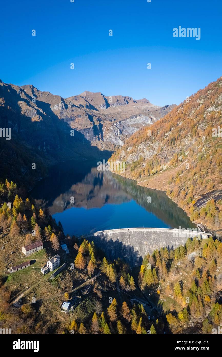 Aerial view of the Agaro Lake and it's dam, an artificial lake covering ...