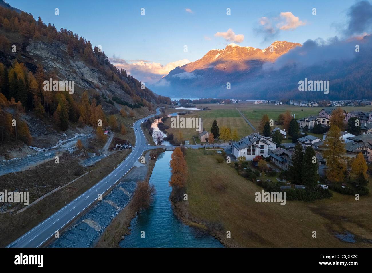 Aerial view of the Sils Lake and peninsula in autumn. Sils im Engadin ...