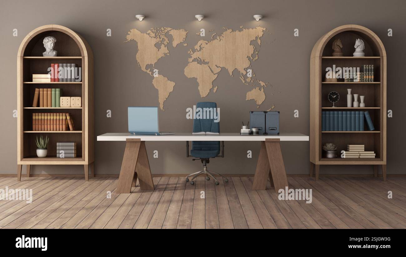Stylish and functional home office with wooden world map, bookshelves ...