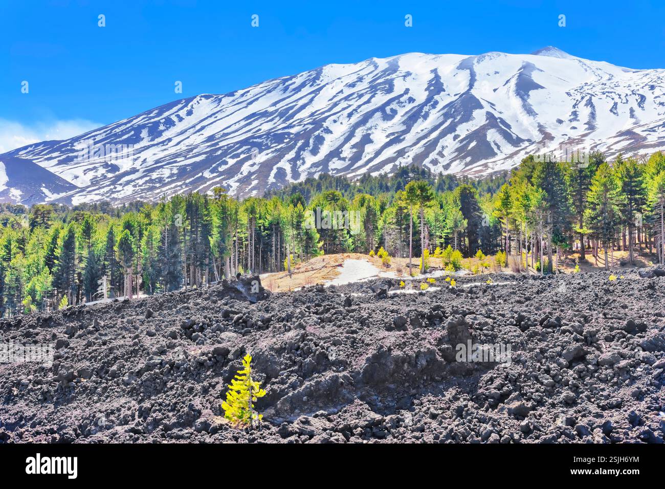 View of lava fields and snow-capped peaks in the distance, Etna, Sicily ...