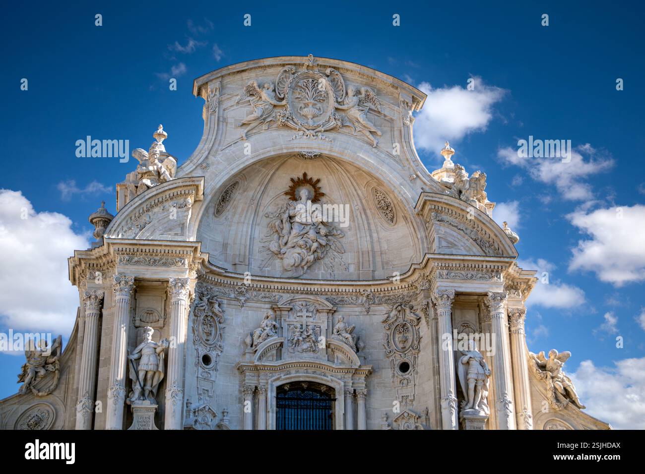 View of the top of the beautiful baroque facade of the Santa Mara ...
