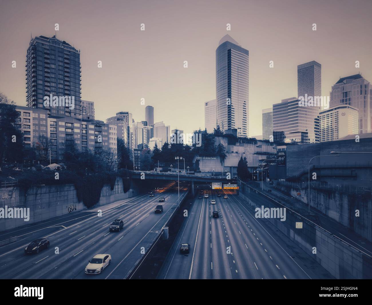 View of highways running through Seattle, and tall skyscrapers dominate ...