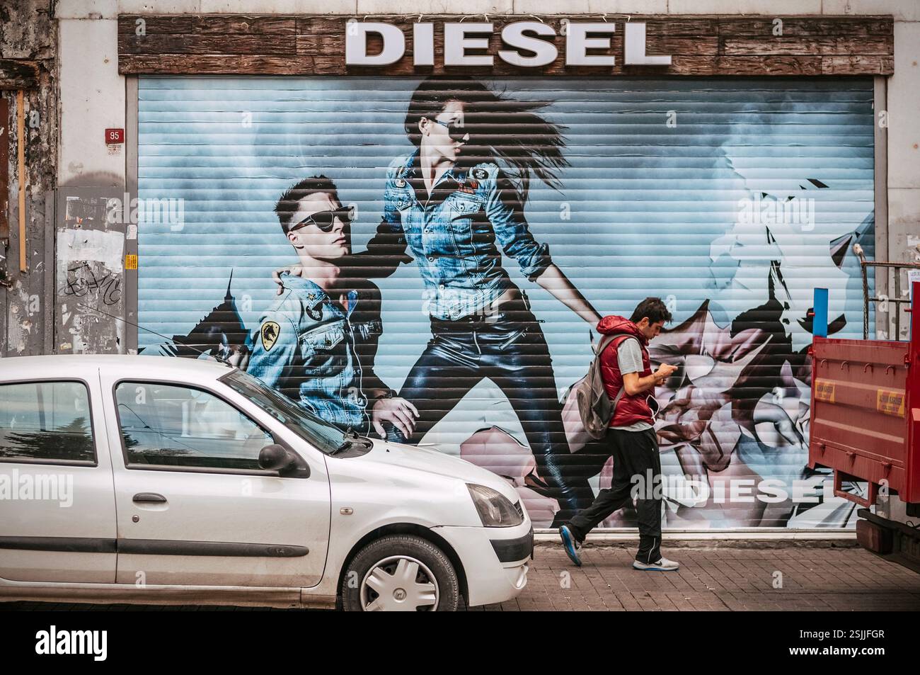 Diesel store facade with closed storefront on İstiklal Avenue in ...