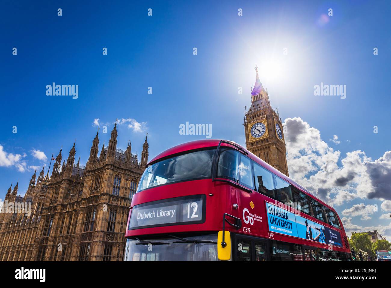 Red London Double Decker Bus Passing Big Ben and Houses of Parliament ...