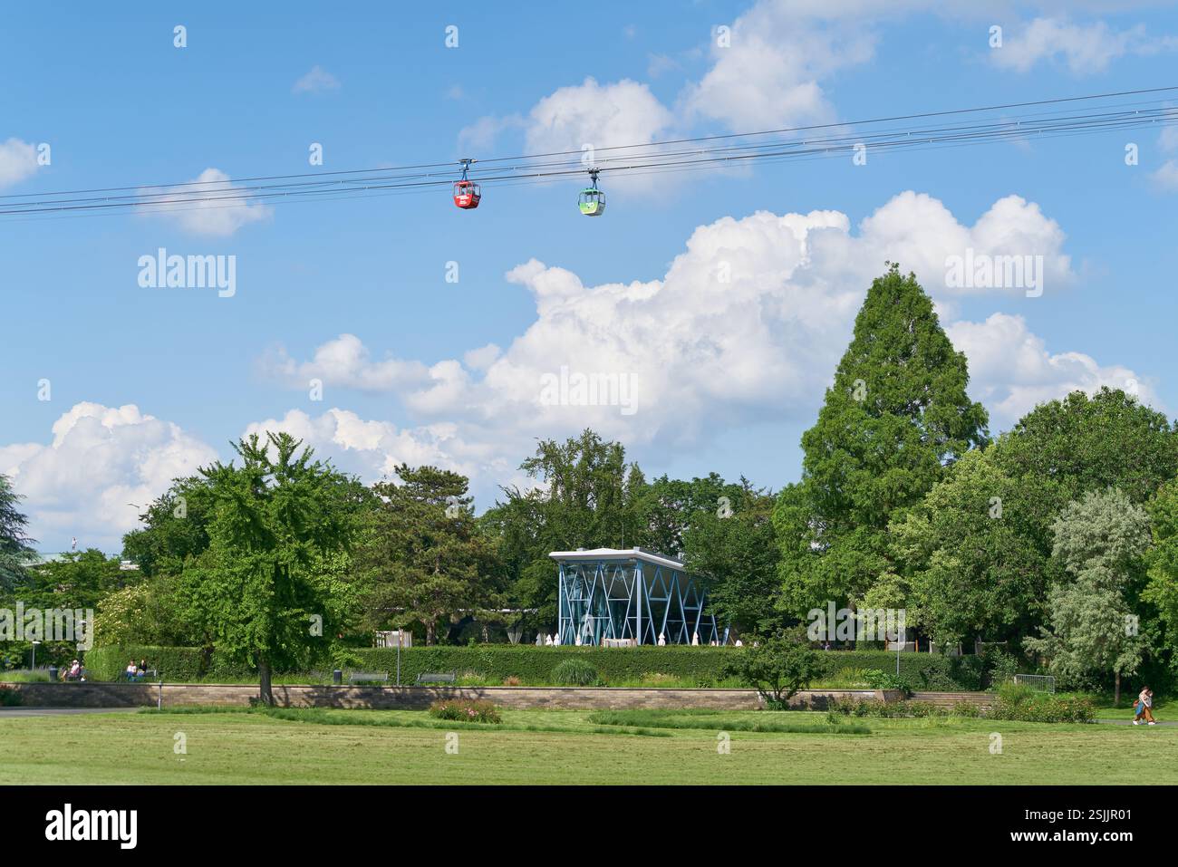 the Rhine Park, Rheinpark with gondolas of the Rhine cable car, Rhein ...
