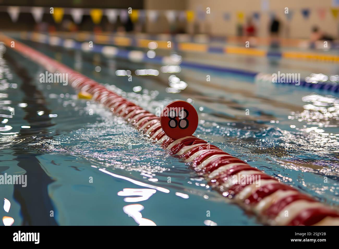 Brightly colored swim lane marked 88 awaits competitors in an indoor ...