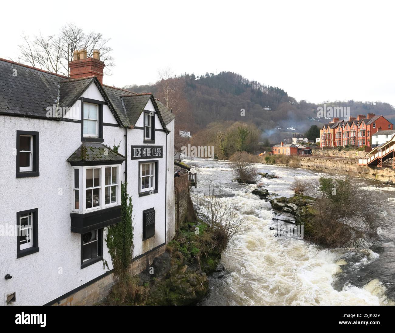 Views at Llangollen in Dee Valley in North Wales including the River Dee, Deeside Cafe and ...
