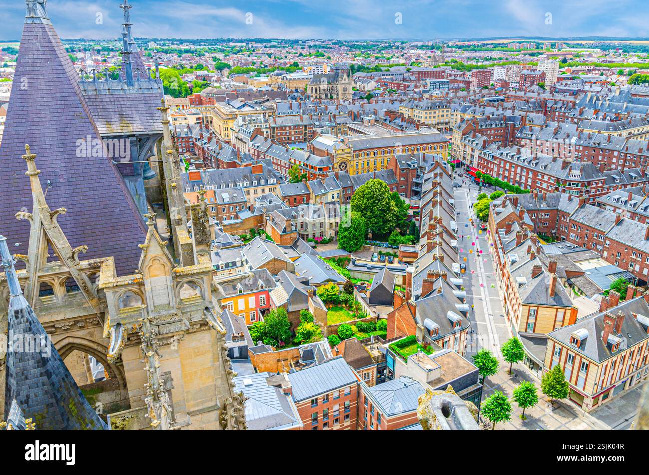 Aerial view from top of Amiens Cathedral with fleche spire and panorama ...