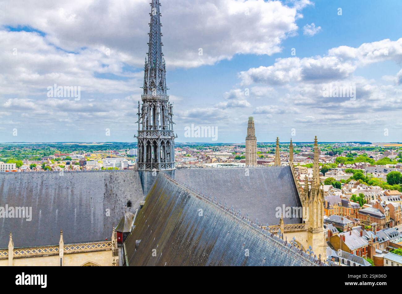 Aerial view from top of Amiens Cathedral with roof, fleche spire and ...