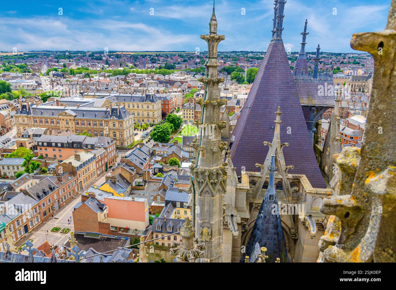 Aerial view from top of Amiens Cathedral with fleche spire and panorama ...