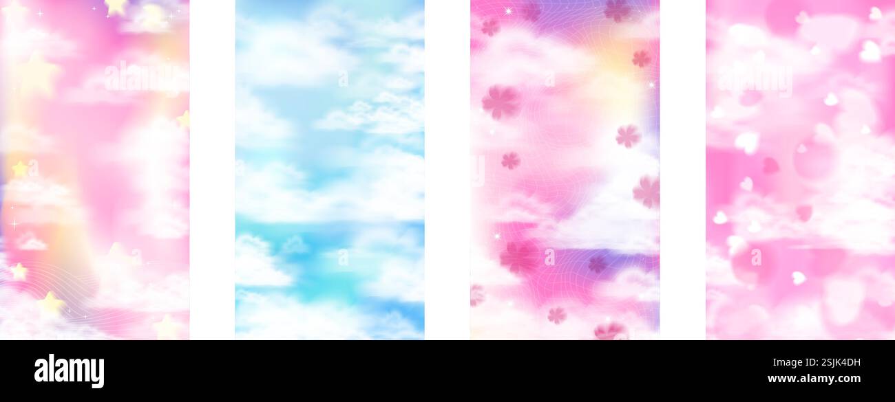 Dreamy sky backgrounds set with clouds, stars, and hearts. Soft vector ...