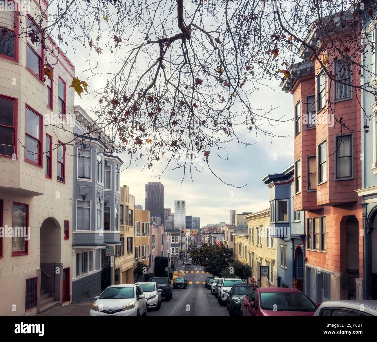 The image captures a street scene in San Francisco, showcasing a narrow ...