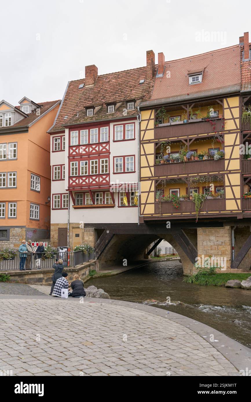 The medieval Kramerbrucke in Erfurt with the river Gera and some ...