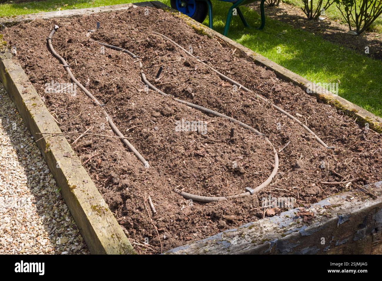 Preparing Raised Beds With Irrigation Hose Before Planting In A