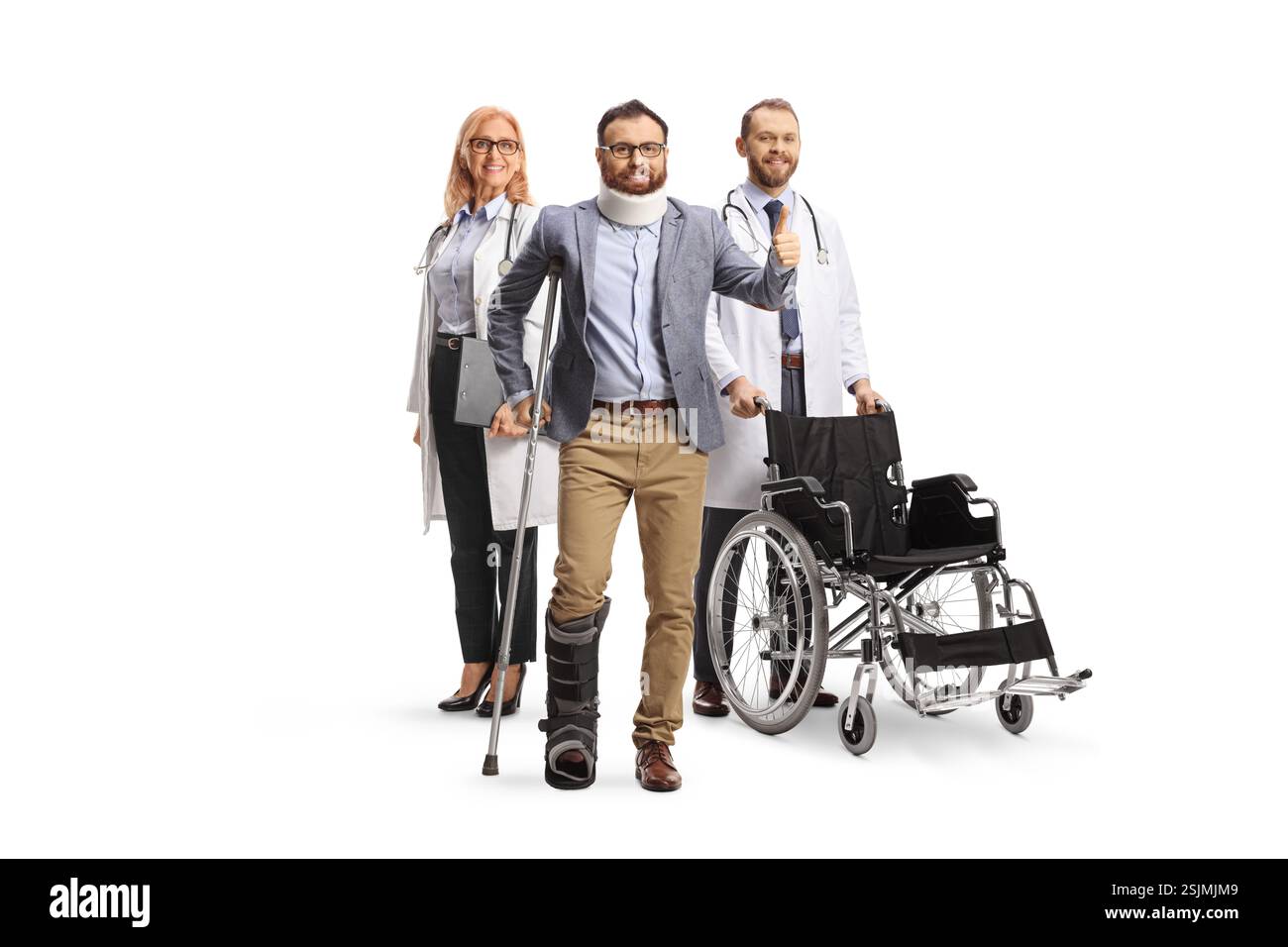 Man recovering from leg surgery and standing with a team of doctors ...