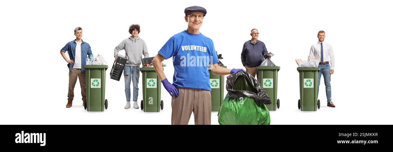 Elderly volunteer collecting waste in a plastic bag and other men with ...