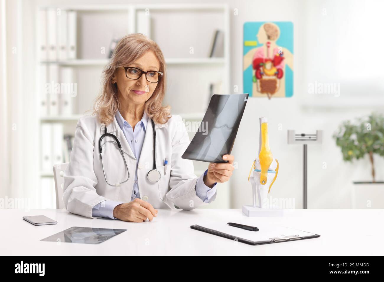 Female doctor sitting behind a desk and checking an x-ray image at the ...