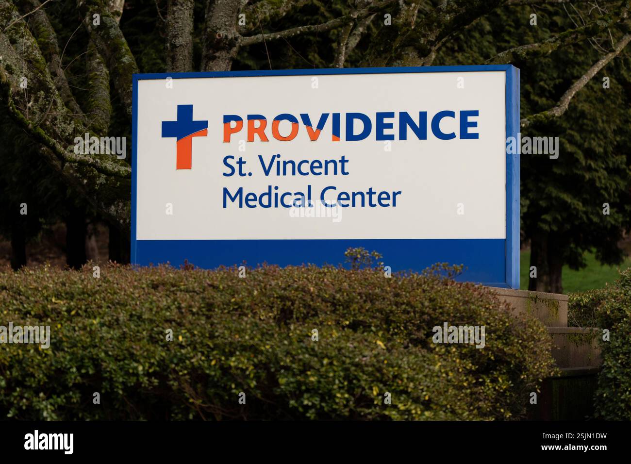 A sign for Providence St. Vincent Medical Center is seen on Thursday ...