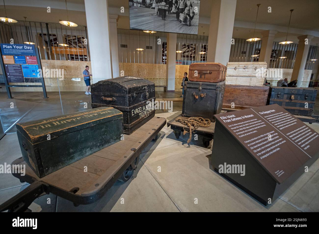 Old bagagges of immigrants on display in Ellis Island National Museum ...