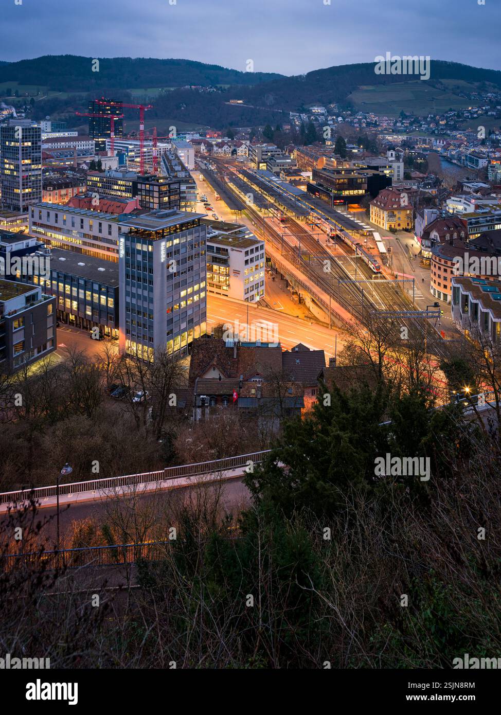 Switzerland, Canton Aargau, SBB train station in Baden from above ...