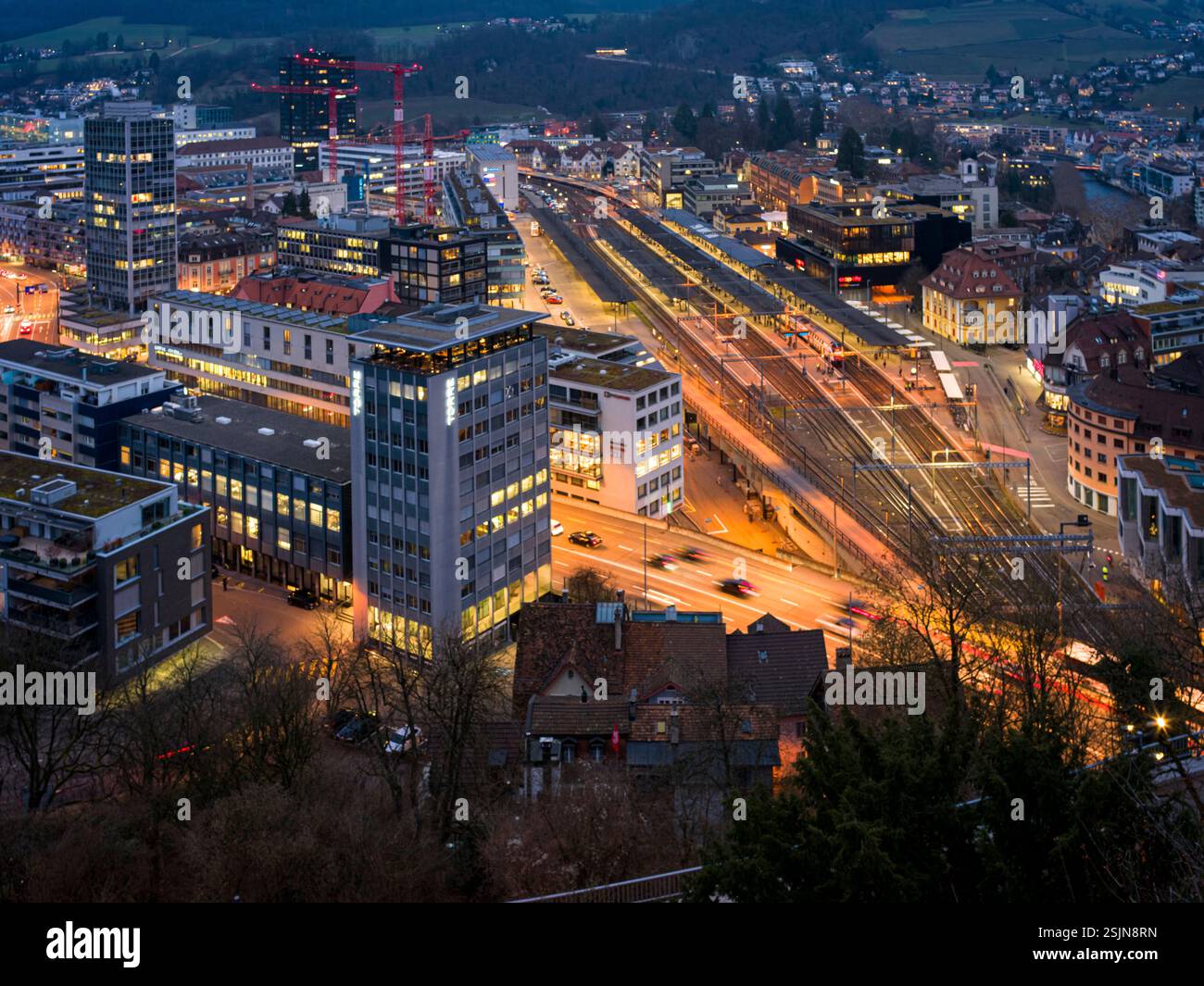 Switzerland, Canton Aargau, SBB train station in Baden from above ...