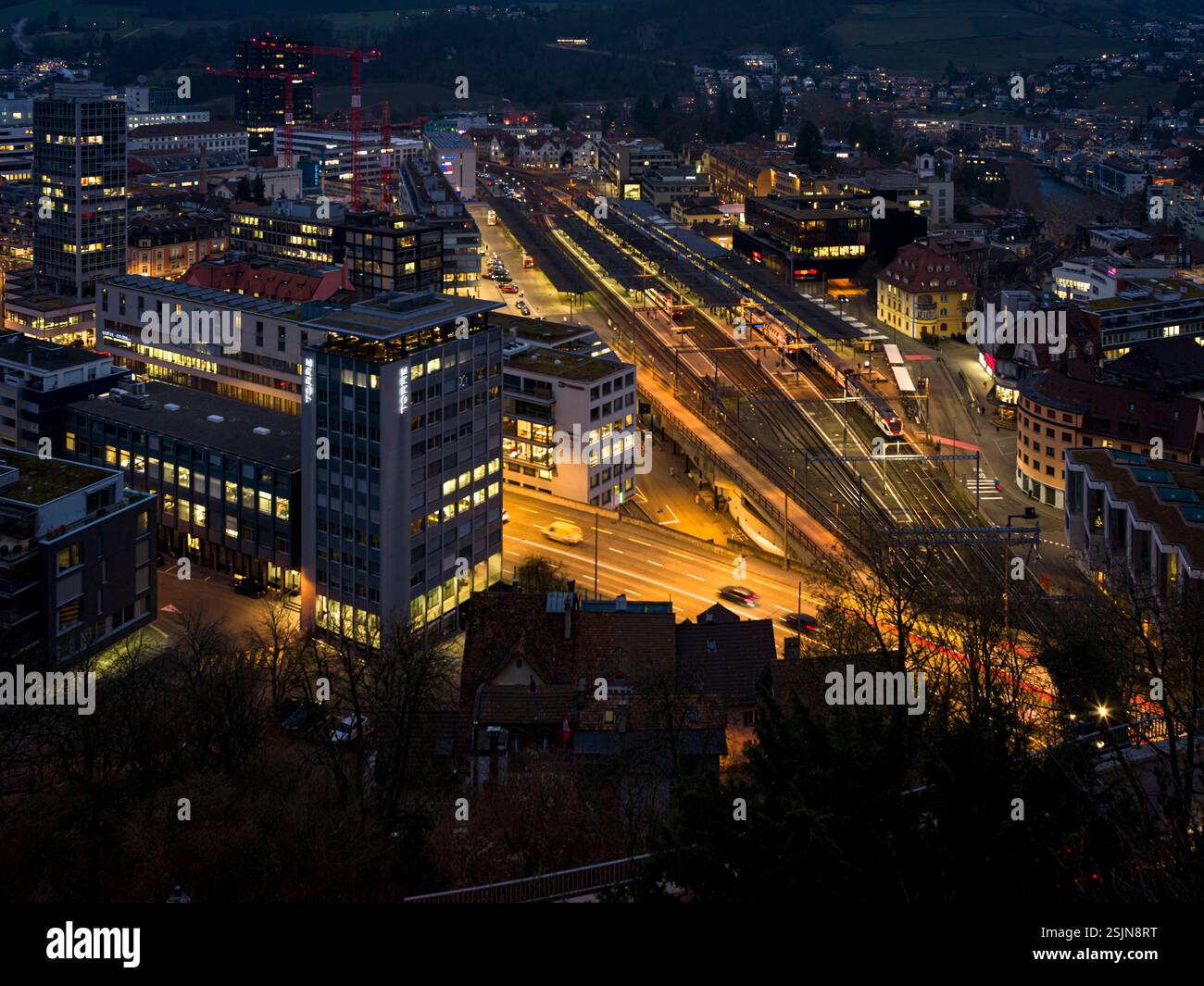 Switzerland, Canton Aargau, SBB train station in Baden from above ...