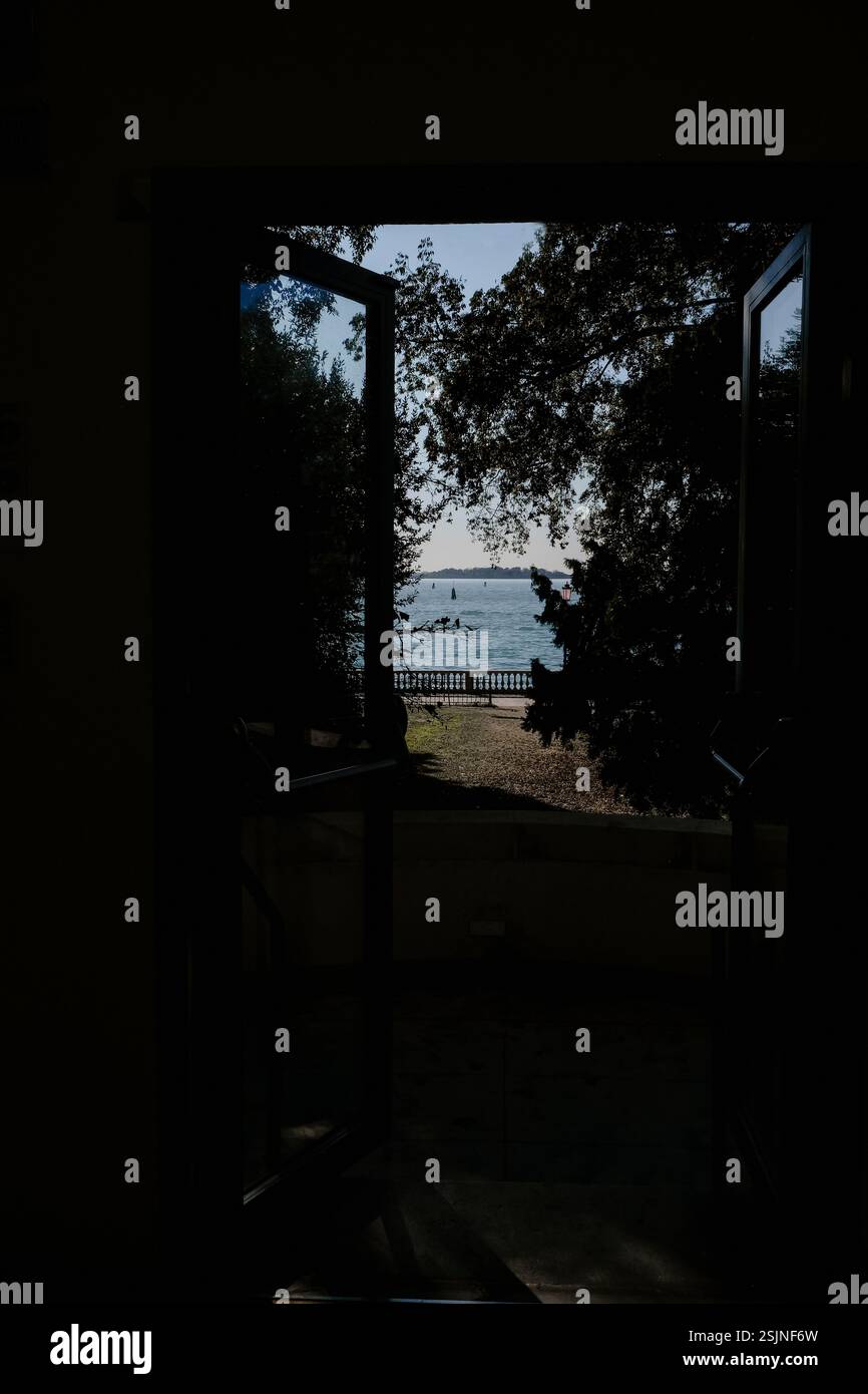 window, view, garden, trees, sea, evening, Venice, Italy Stock Photo ...