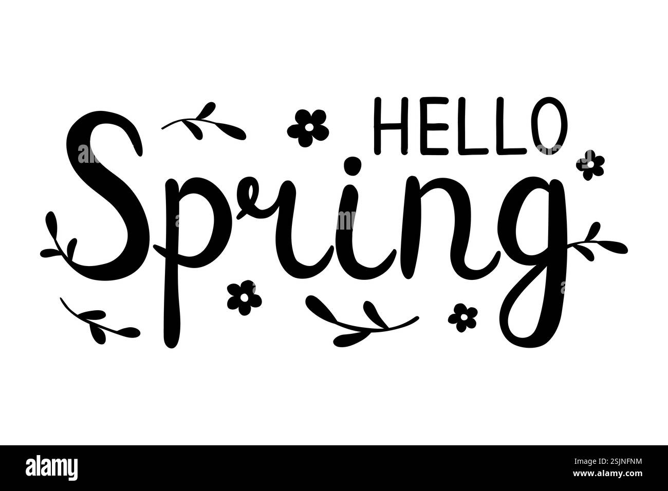 Hello Spring lettering with branches flowers and leaves, black and ...