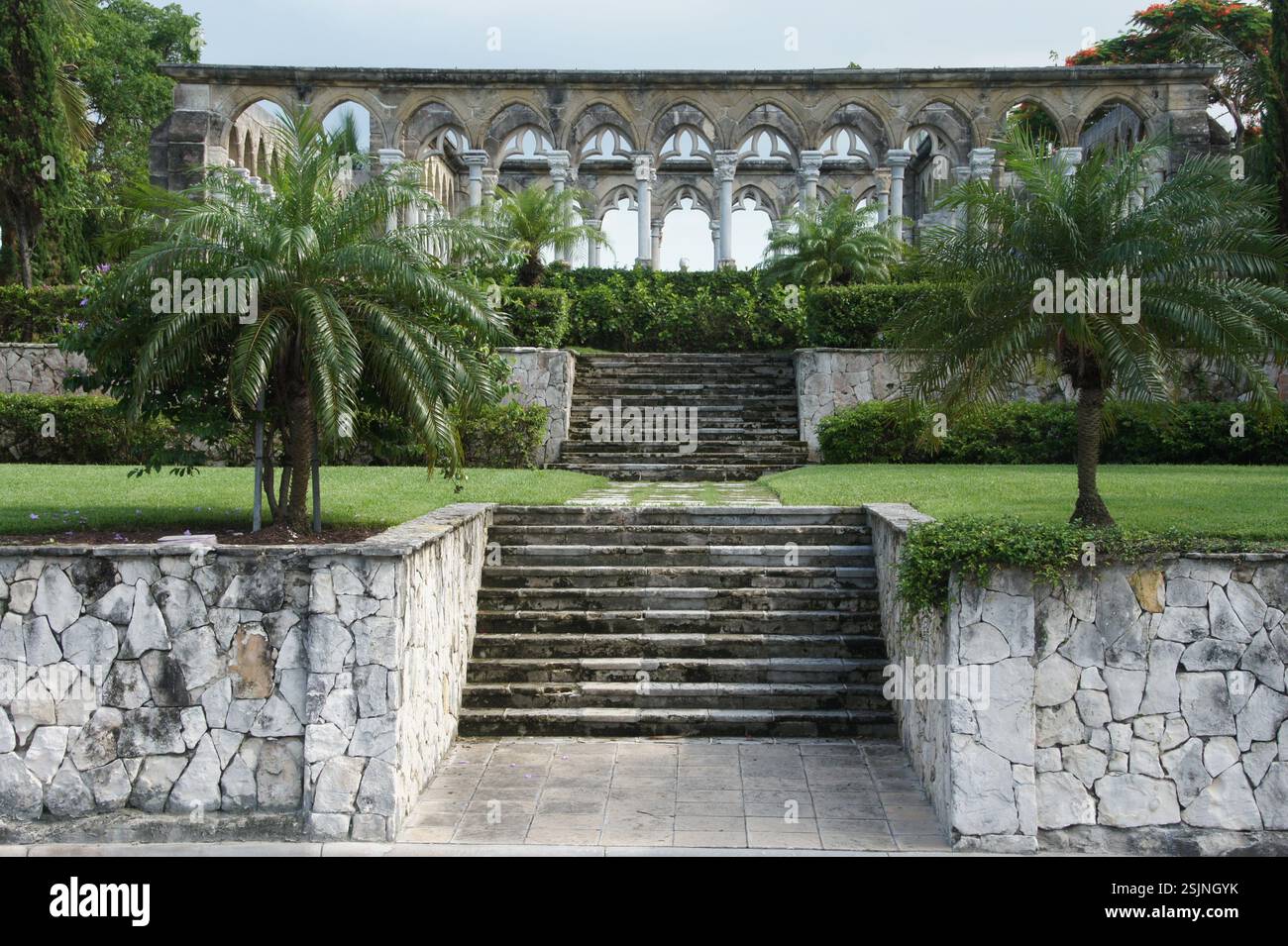 The Cloister, Bahamas. A grand stone staircase leads to a majestic ...