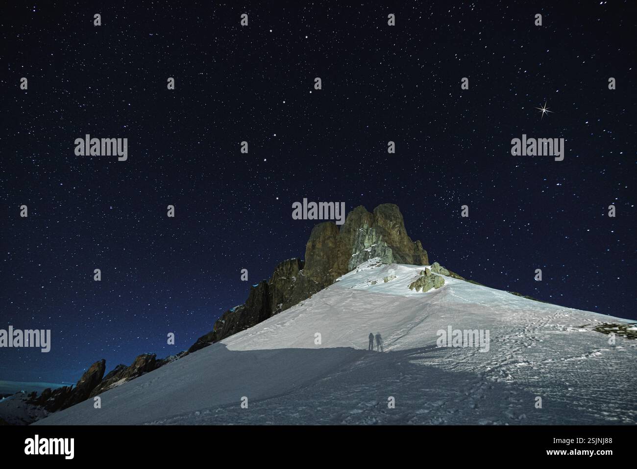 Dolomites Sella towers under a starry night during winter Stock Photo ...