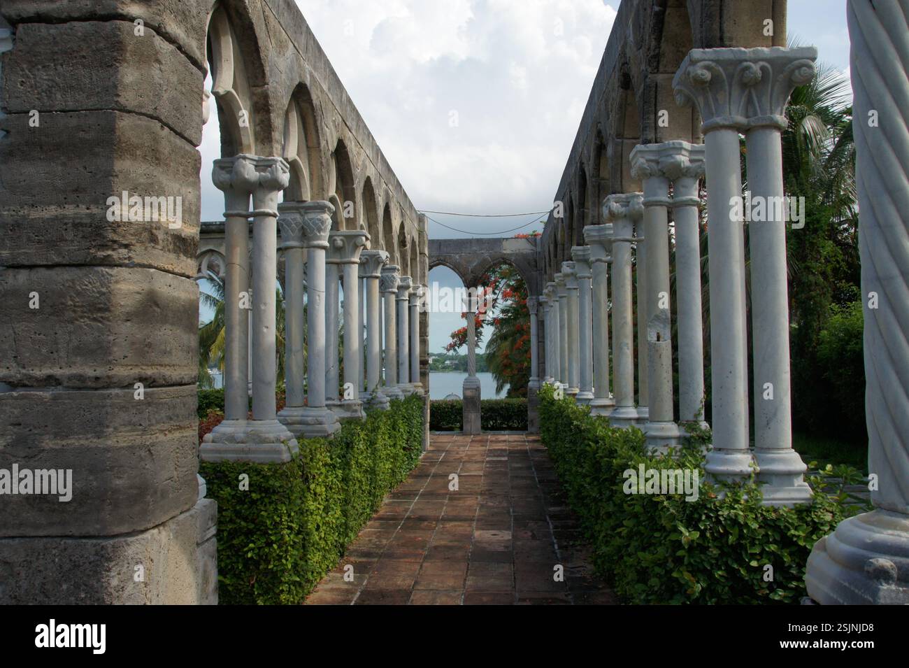 Cloisters, stone columns frame walkway lined with hedges. Gothic ...