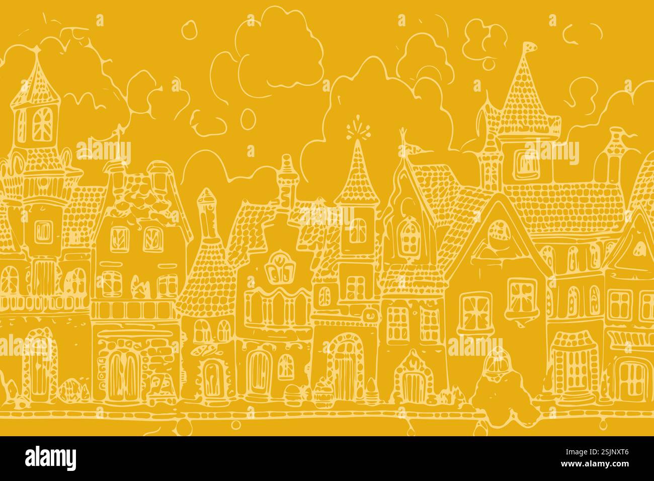 Charming village landscape with whimsical architecture under a yellow ...