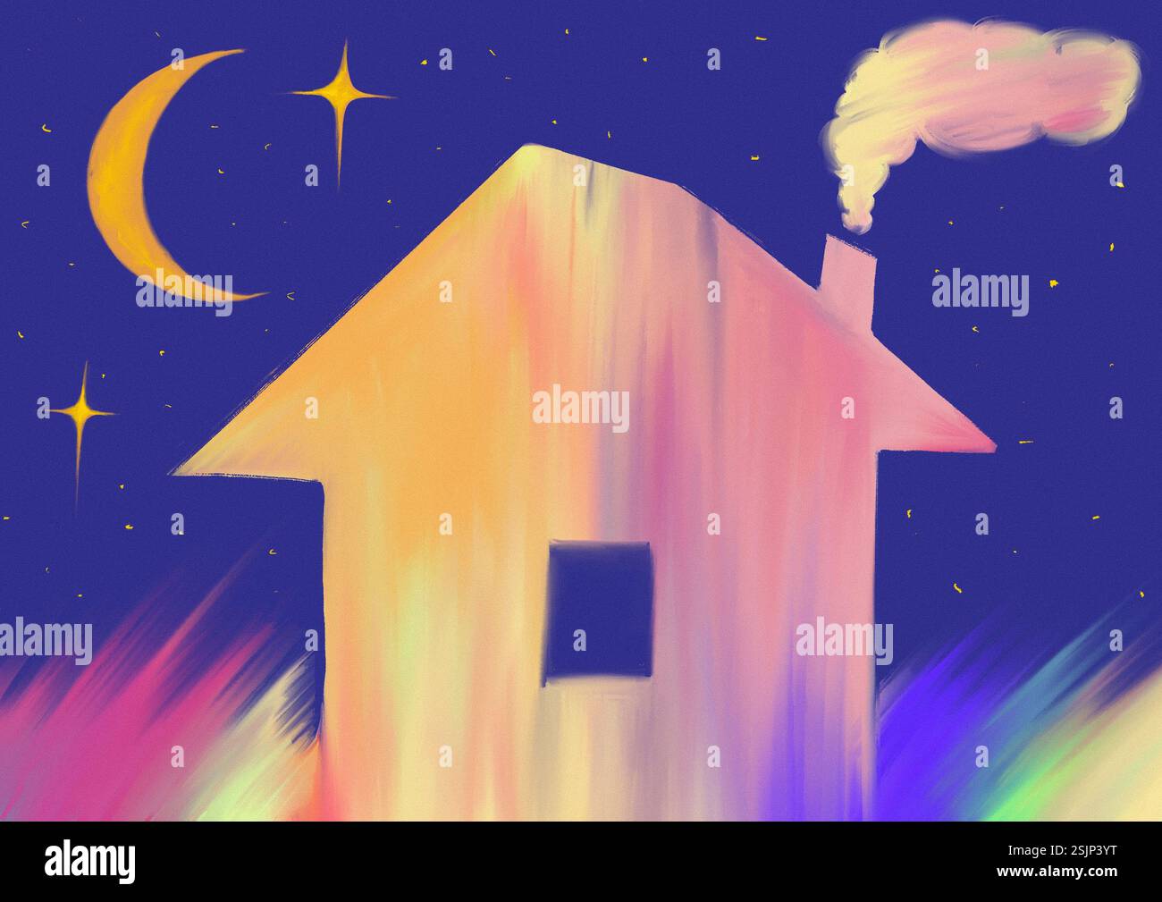 A house with one window and a chimney with smoke on the background of ...