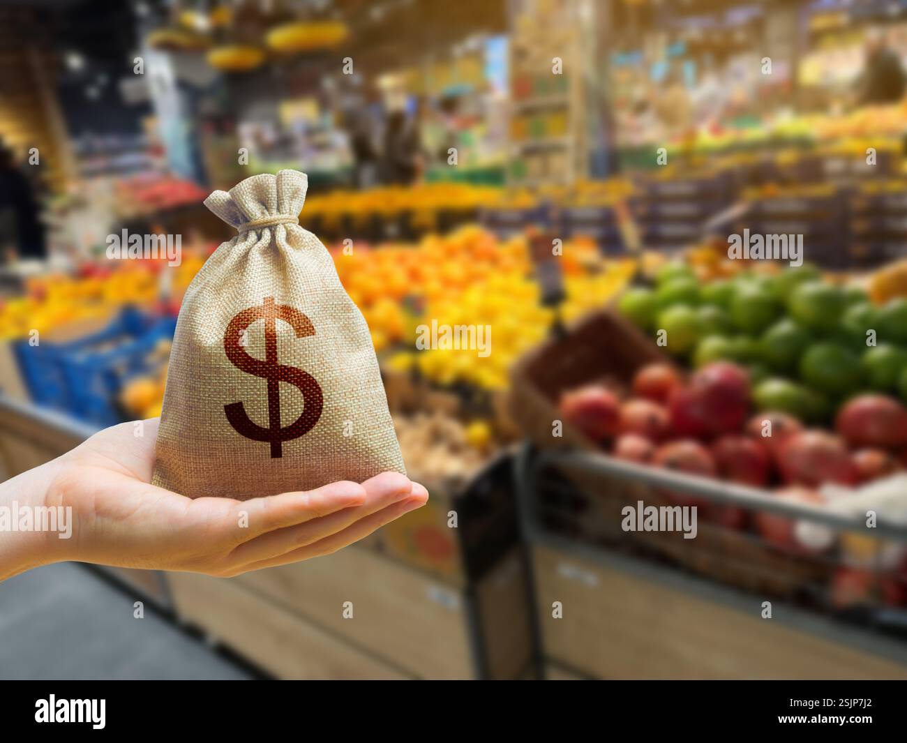 dollar money bag on the background of a grocery store counter with ...